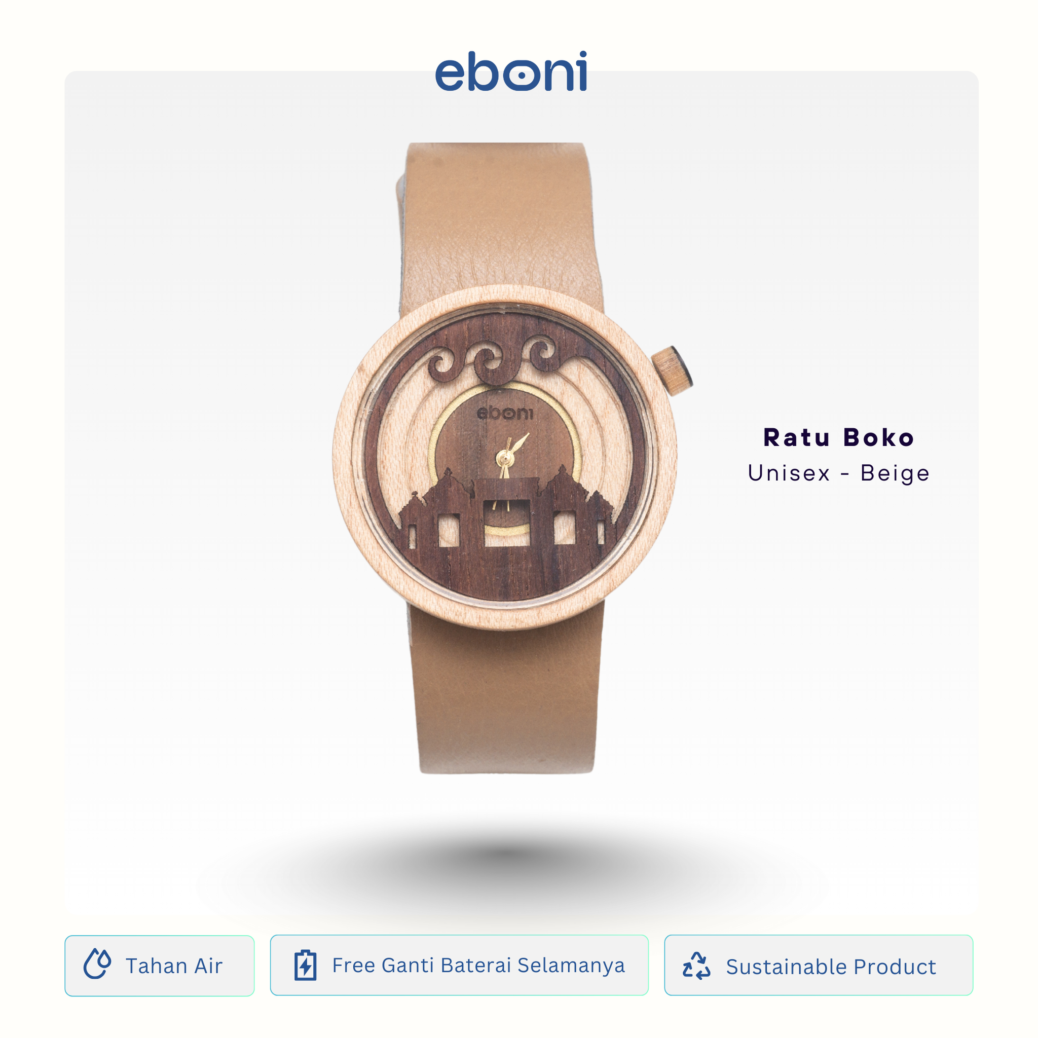 Jam Tangan Kayu Eboni x Injourney Destination "Ratu Boko Unisex - Beig ...