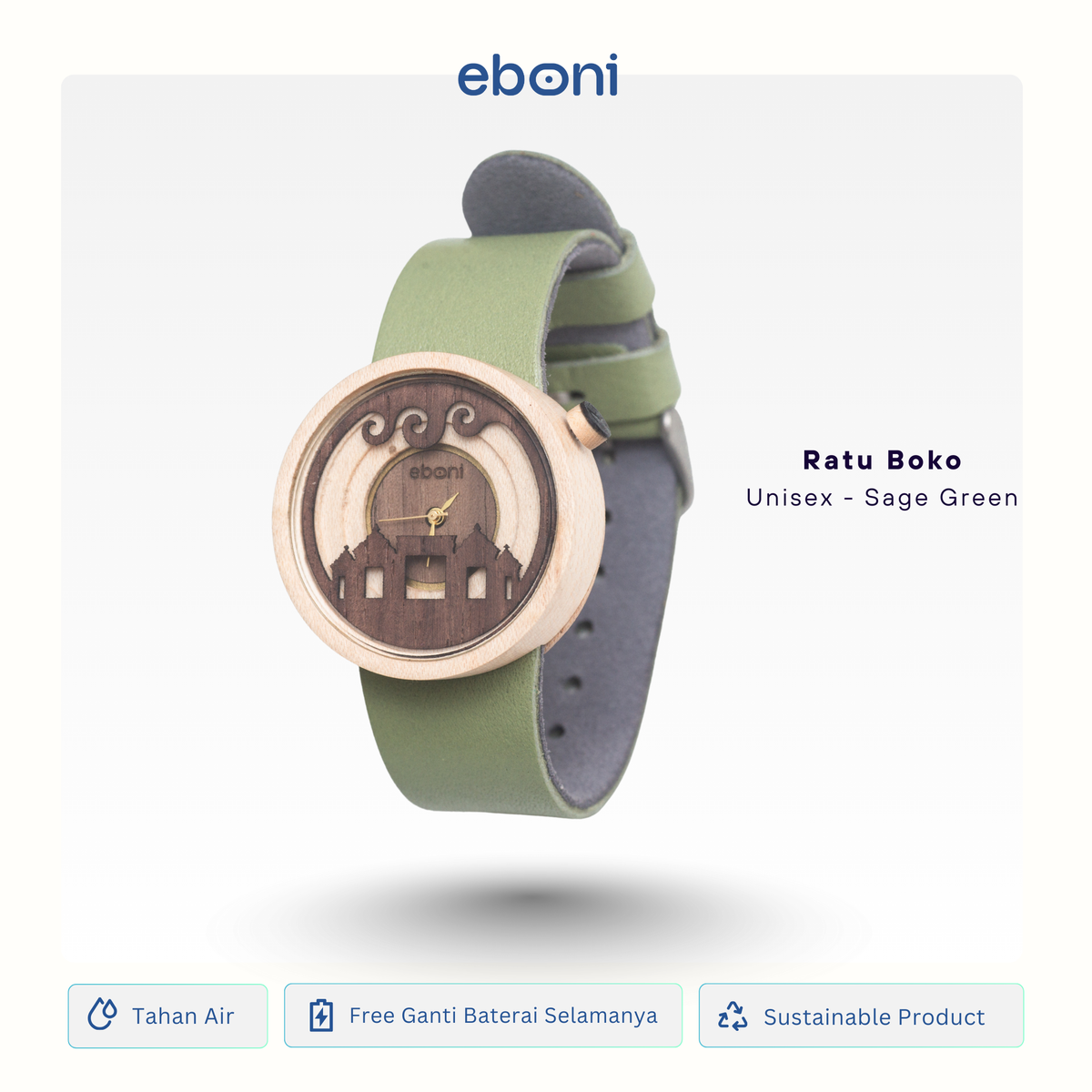 Jam Tangan Kayu Eboni x TWC "Ratu Boko Unisex - Sage Green" – eboniwatch